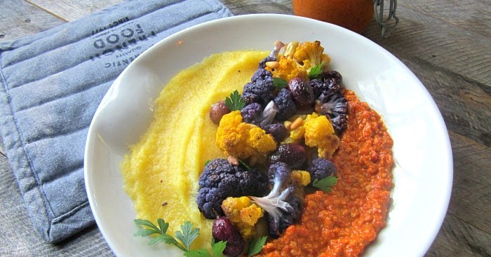 Roasted Cauliflower w/ Polenta, Grapes & Romesco