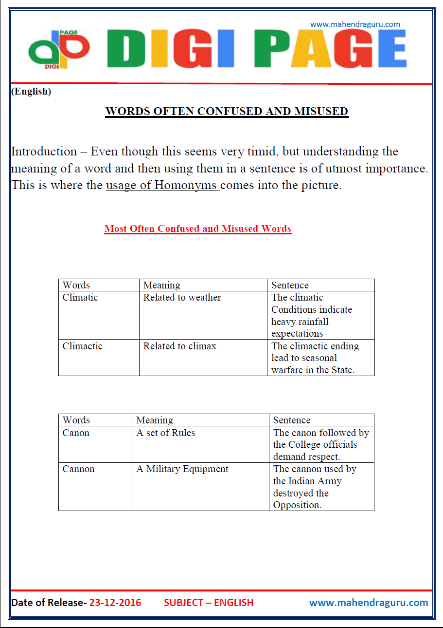 DP | WORDS OFTEN CONFUSED AND MISUSED | 23 - DEC - 16