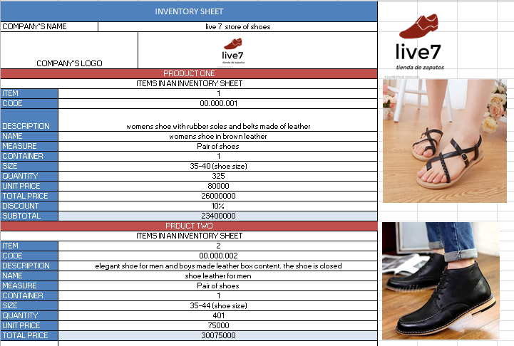 Live 7: store shoes and accessories for men and women: INVENTORY SHEET