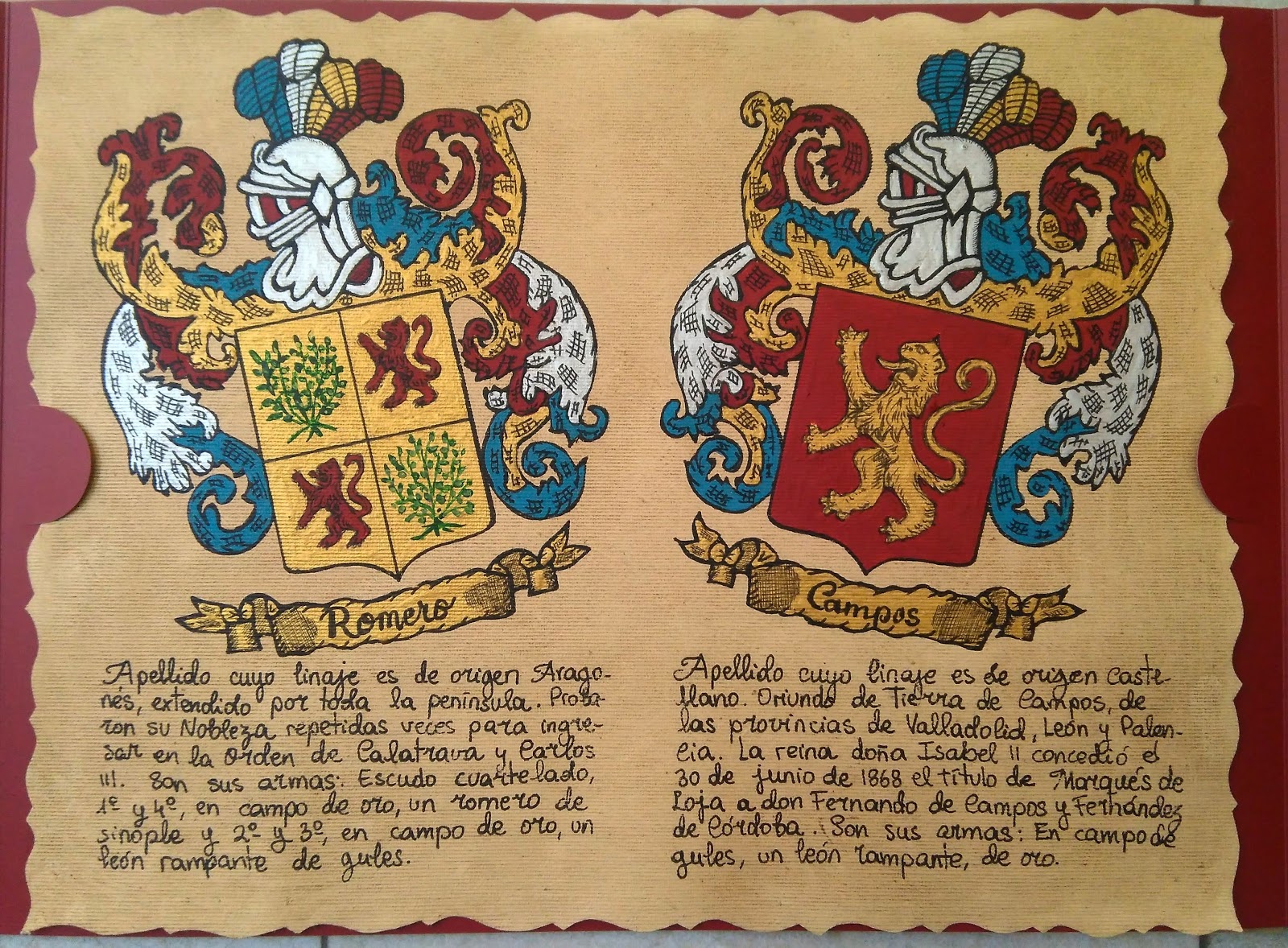Todo de heráldica: Pergamino Heráldico Romero y Campos ( pintado a mano)
