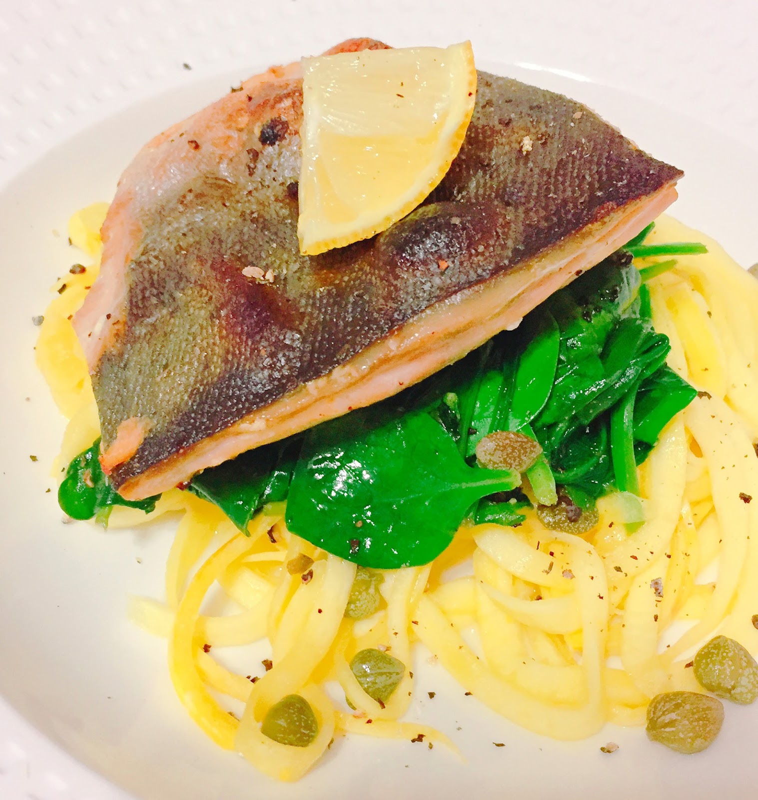 iron stef: lemon caper salmon with yellow squash noodles