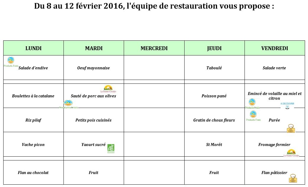 Ecole Ste Marie: Menus de cantine