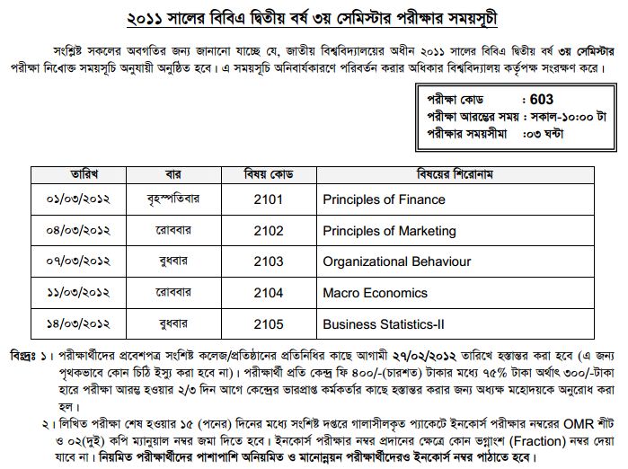 Best Education Online: BBA 2nd year 3rd semester exam routine