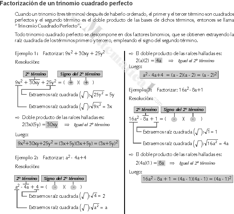 FACTORIZACION DE UN TRINOMIO CUADRADO PERFECTO EJERCICIOS RESUELTOS