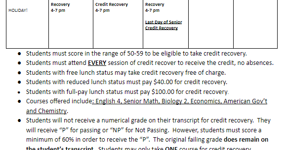 Senior Credit Recovery Schedule