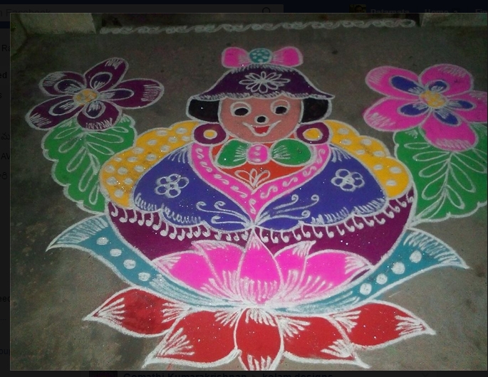 CHODAVARAMNET: CUTE BABY IN A LOTUS FLOWER RANGOLI ART