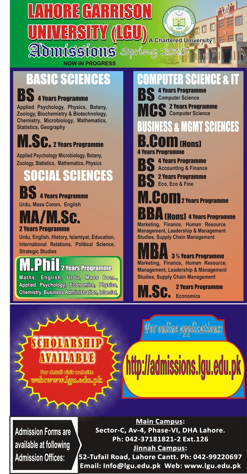 Lahore Garrison University (LGU) Spring Admissions 2015 - Etest And ...