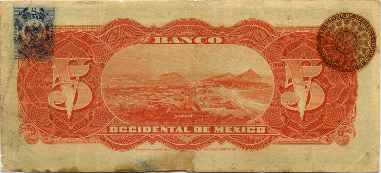 Mexican banknotes 5 Pesos banknote 1906 Banco Occidental de Mexico ...