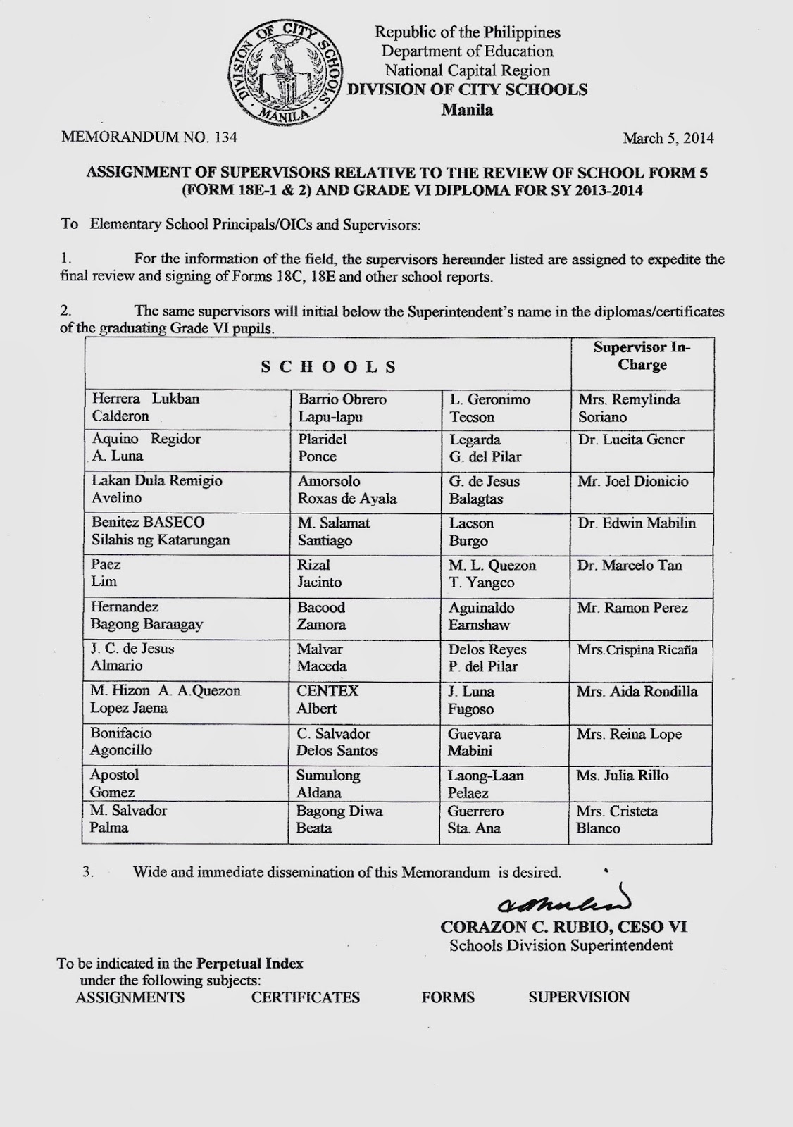 Department of Education Manila: Division Memorandum No. 134 ...