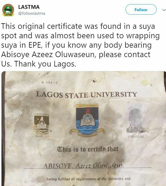 LASU Management Reacts to Alleged Degree Certificate Found at Suya Spot