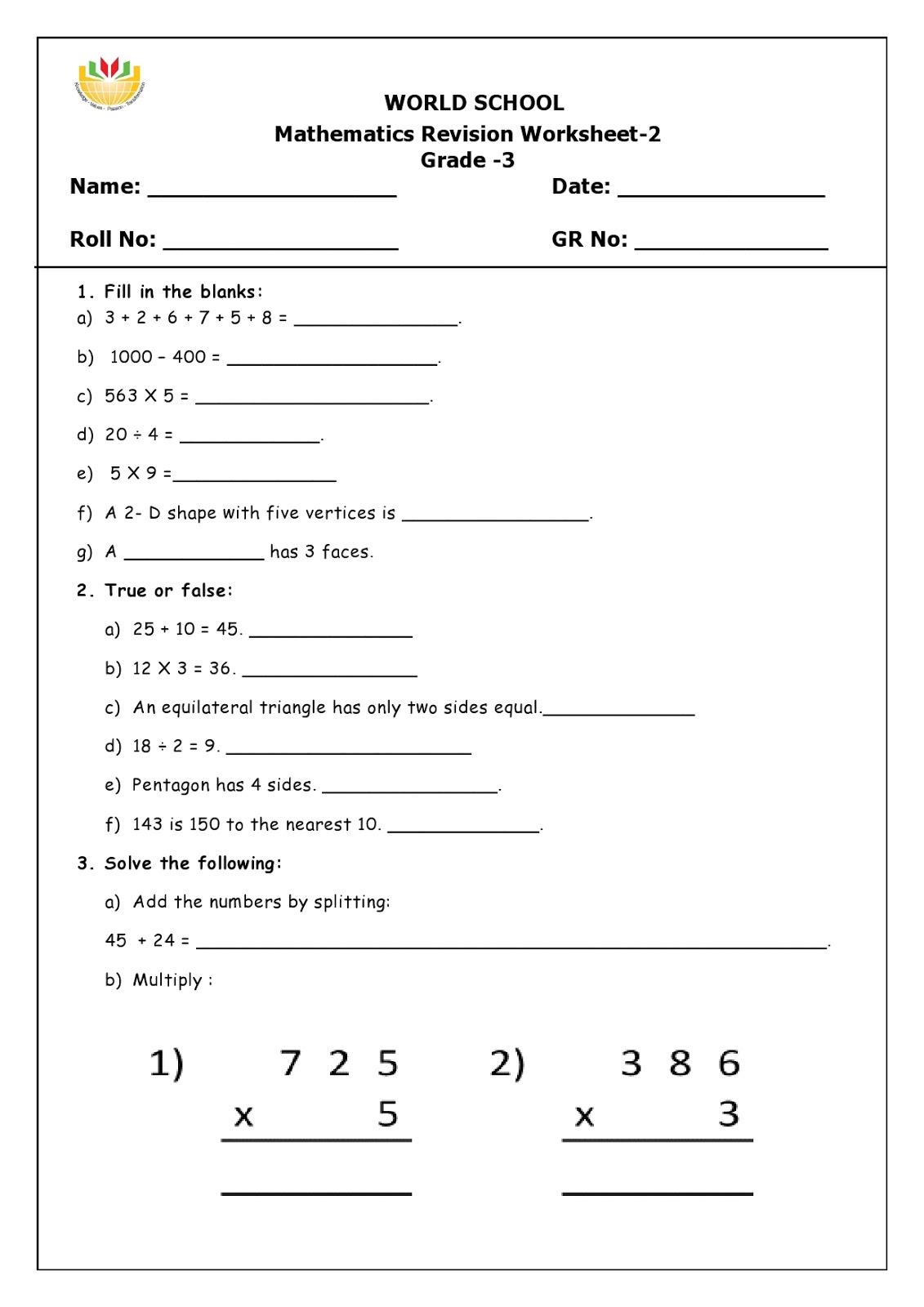 WORLD SCHOOL OMAN: Math Revision for Grade 3 as on 03-01-2019