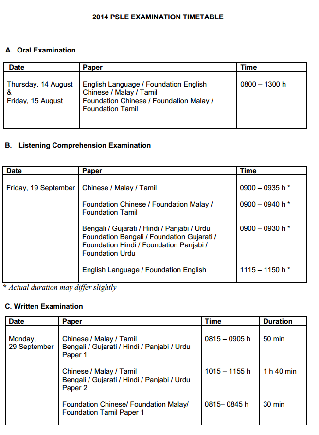 2014 PSLE TIMETABLE