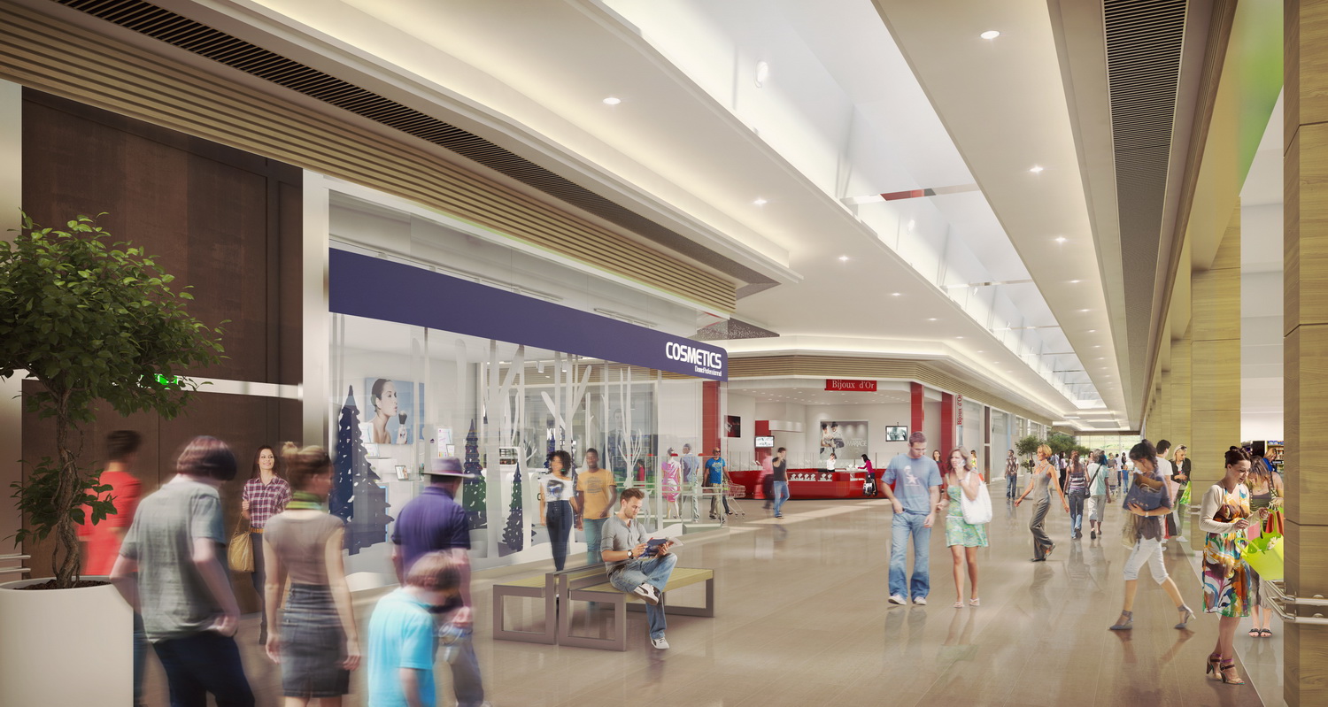 Perspective 3D d'une zone d'activité et centre commercial