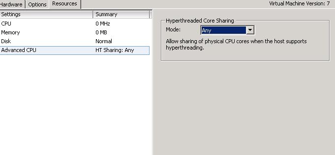 Using VMWare CPU Affinity - Hyperthreaded Core Sharing (HT Sharing)