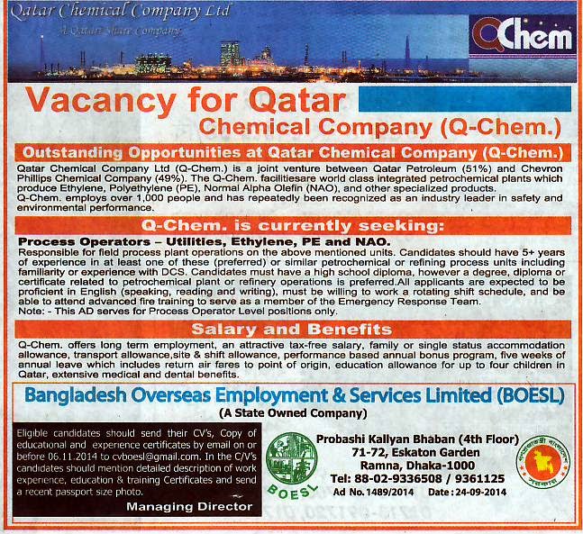 All Newspaper Jobs: Qatar Chemical Company Limited, Position: Process ...