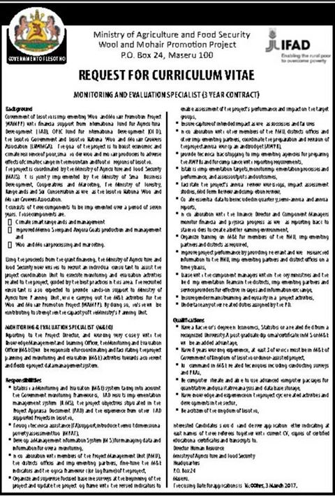 LESOTHO JOBS - MINISTRY OF AGRICULTURE