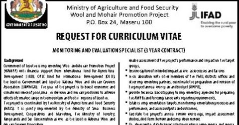 LESOTHO JOBS - MINISTRY OF AGRICULTURE