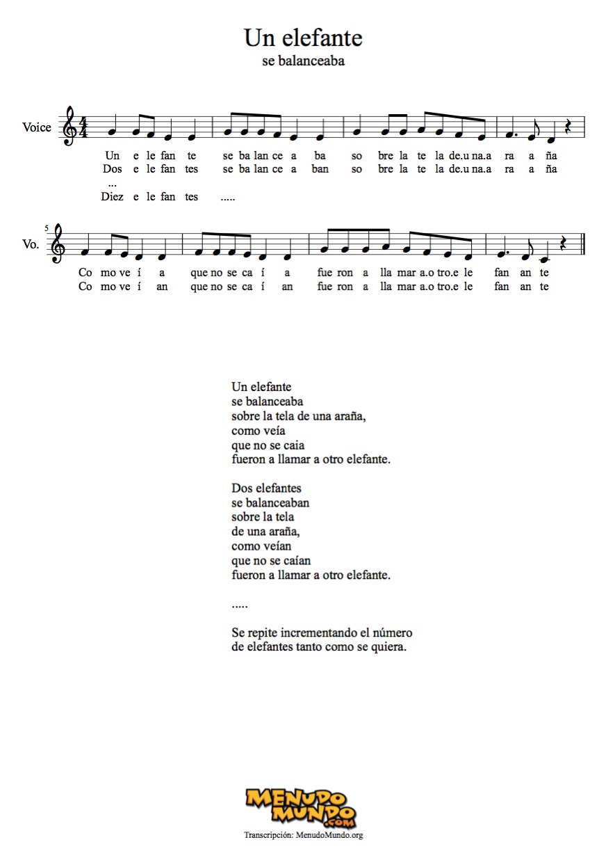 Todo música: Un elefante se balanceaba. Notas. flauta. Página buena