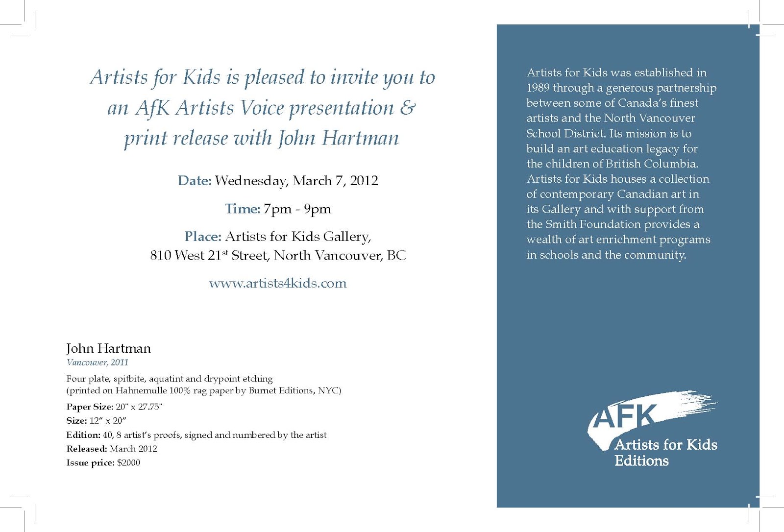 Artists for Kids: John Hartman Presentation and Print Release
