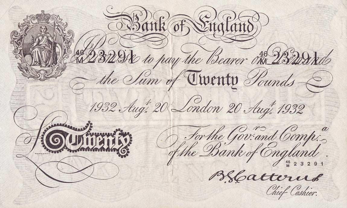 Great Britain 20 Pound Sterling White Note 1932 Bank of England|World ...