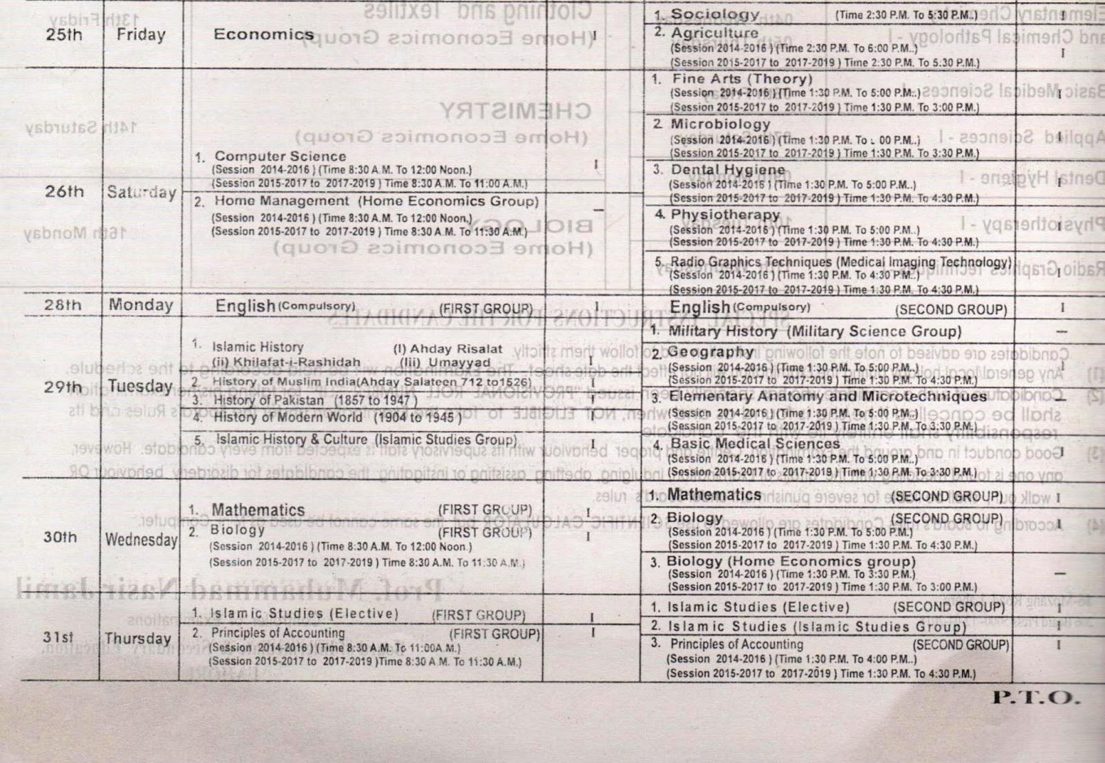 BISE Lahore Board Date Sheet Of 2nd year 2018 - Pk Live Info