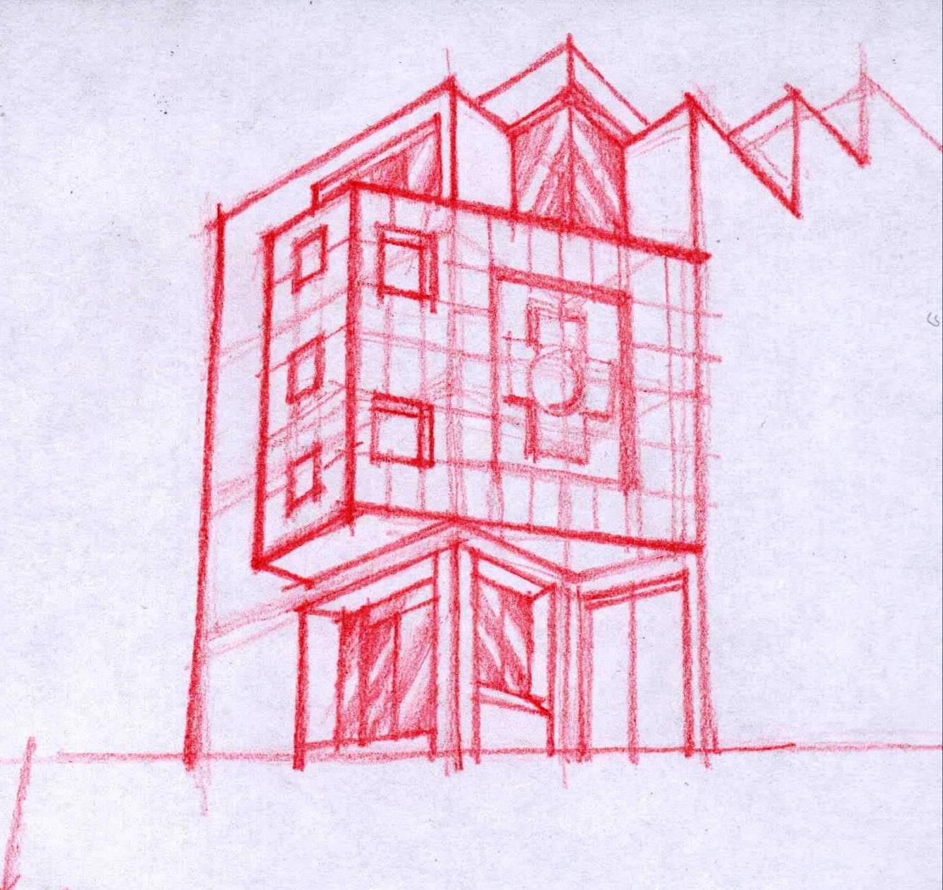 Croquis edificio de oficinas; lapiz bicolor rojo