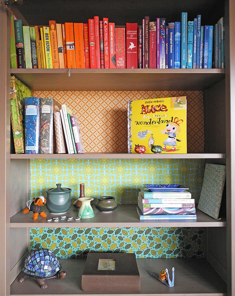 Jules Madden: Bookcase Update- DIY Fabric Wallpaper Project