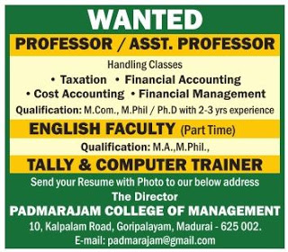 Padmarajam College of Management, Madurai, Wanted Professors Plus ...