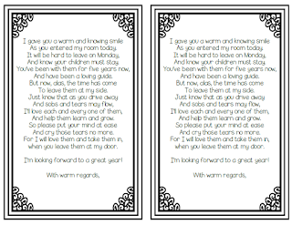 Nurturing Noggins: First Day of Kindergarten Poem to Parents