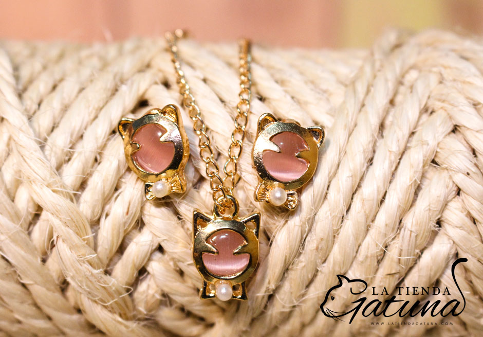 Cadena y Aretes Gato con perlita Ref. 033 - La Tienda Gatuna ...