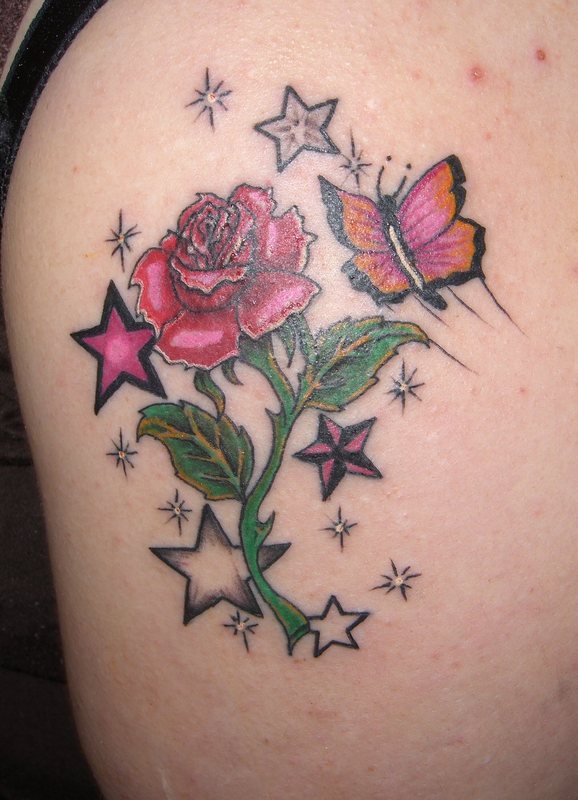 Roses and Butterfly Mixed Tattoo Art - Tattoos Ville