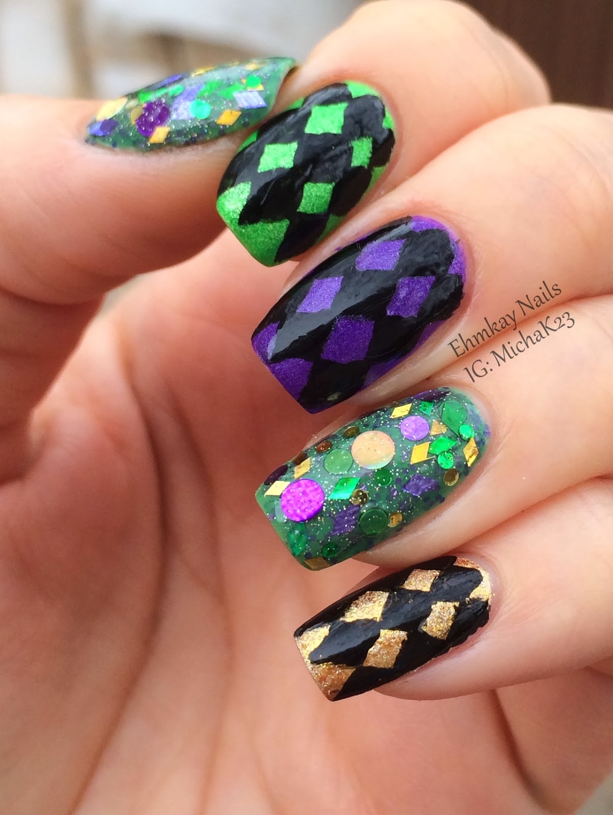 ehmkay nails: Laissez les bons temps rouler! Mardi Gras Harlequin Nails