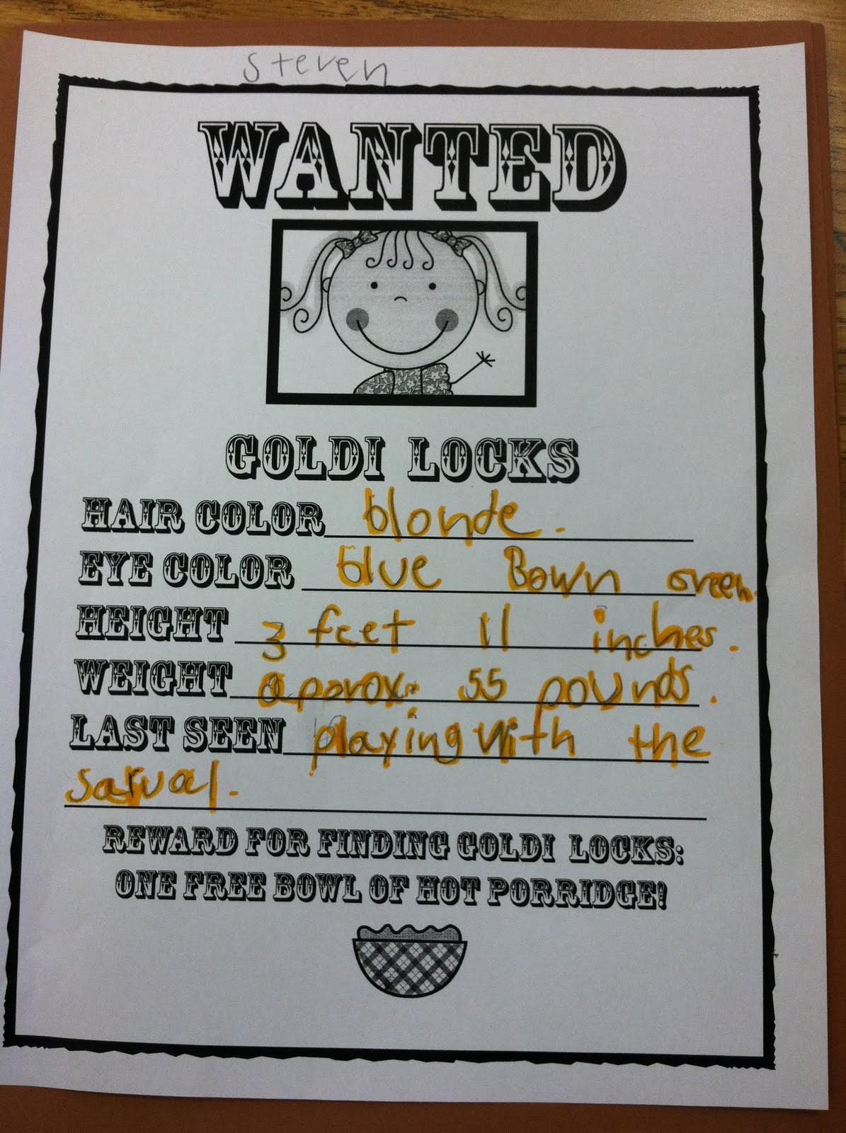 Goldilocks Wanted Poster Template