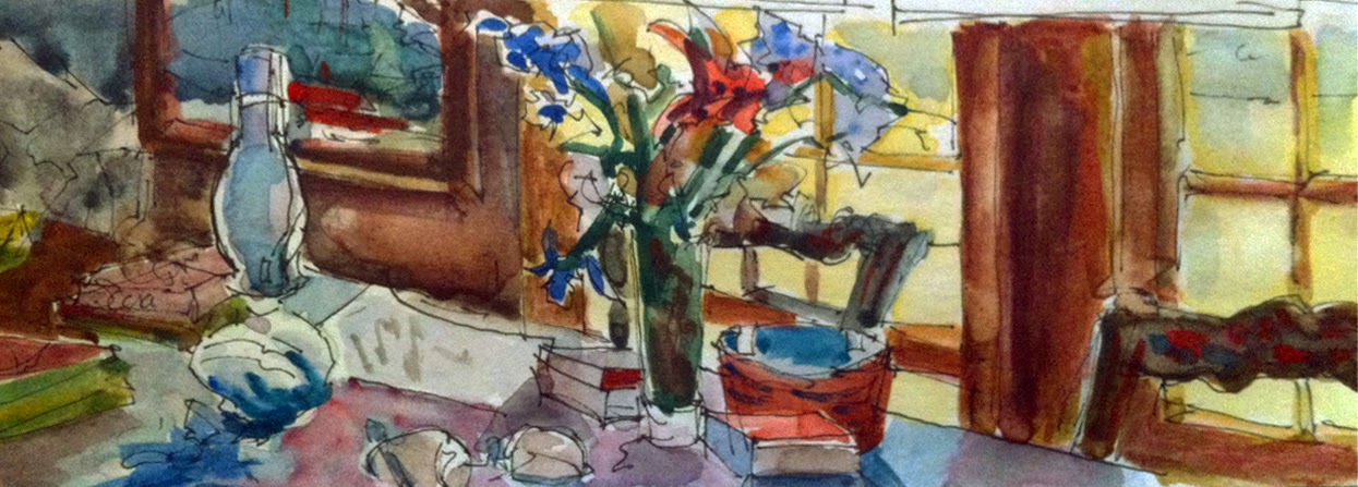 Jody Regan Paints: "Tabletop - Mason Hudson" watercolor & ink 3 x 9