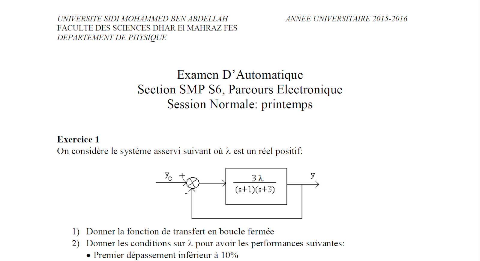 Automatique SMP S6 cours ,examens ( corrigé ) PrepaSUP