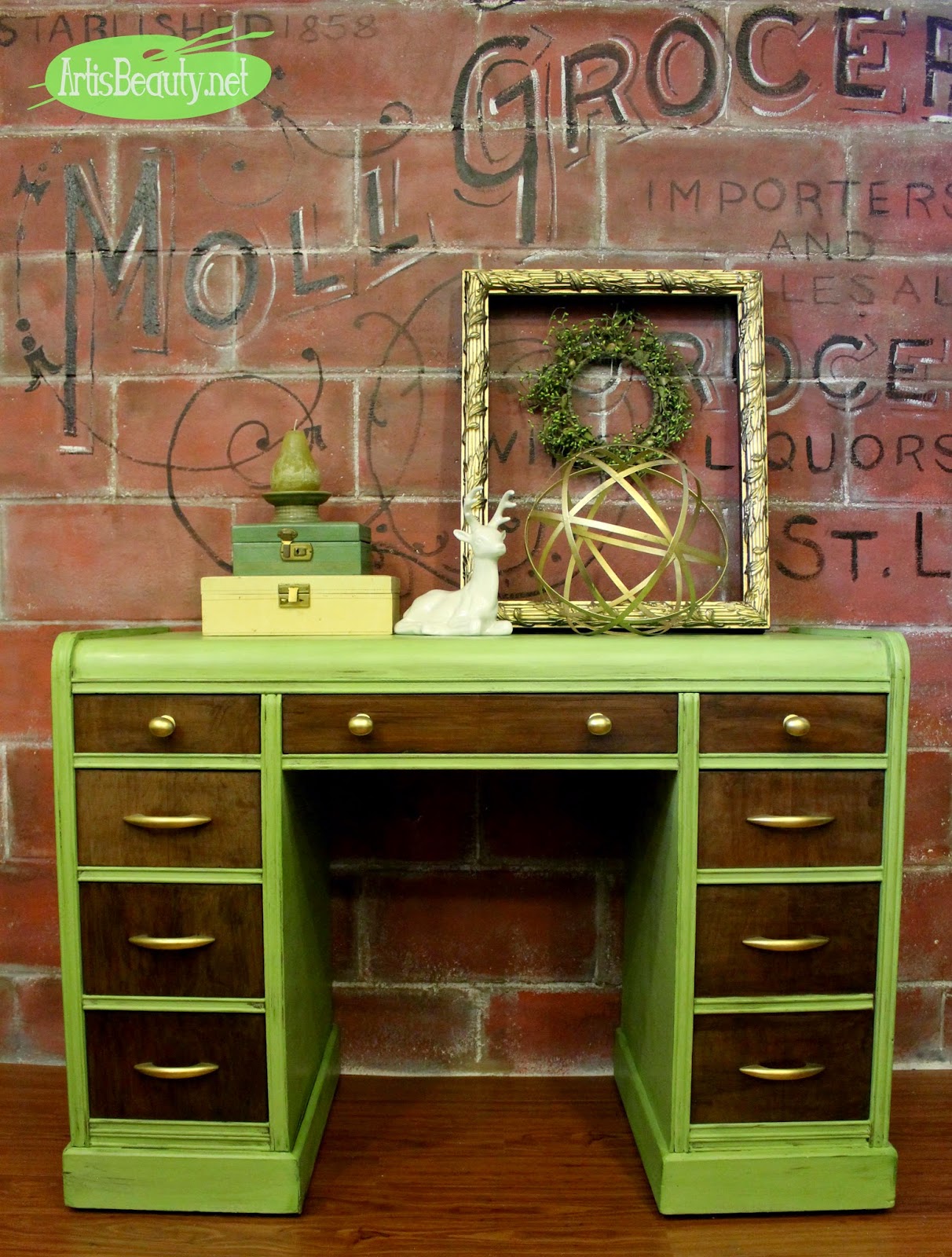 ART IS BEAUTY: THINK SPRING! Green Vintage Waterfall Desk Painted Makeover