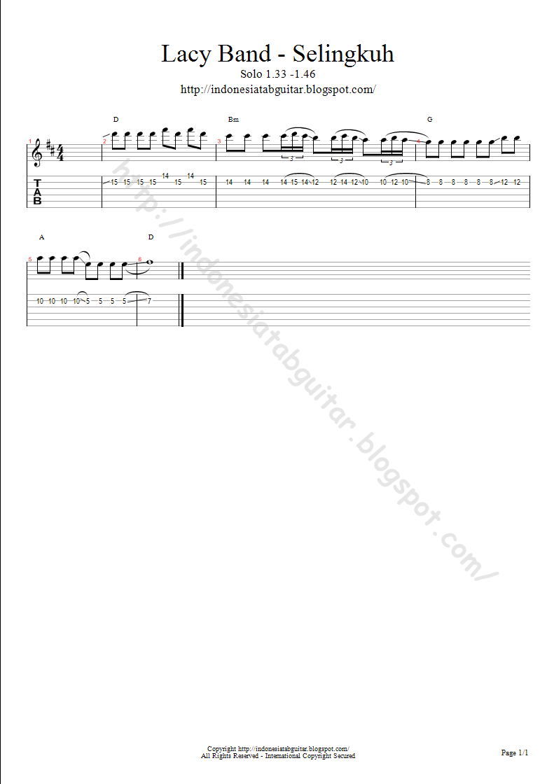 Tab Gitar: Tab Guitar Lacy Band - Selingkuh(Solo)