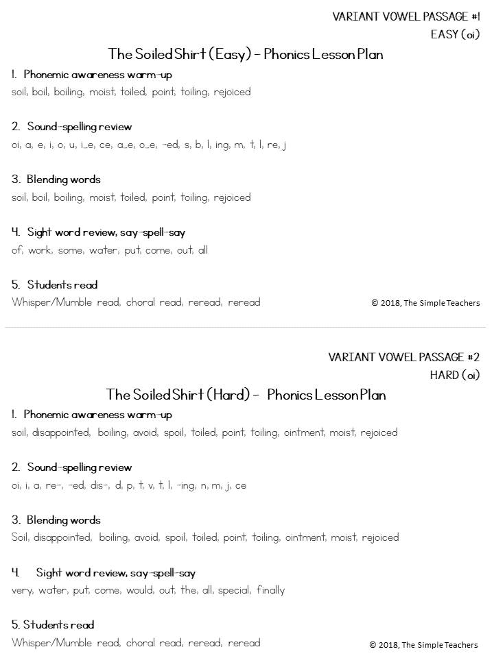 The Simple Teachers: Variant Vowel Phonics Lessons and Decodable Passages
