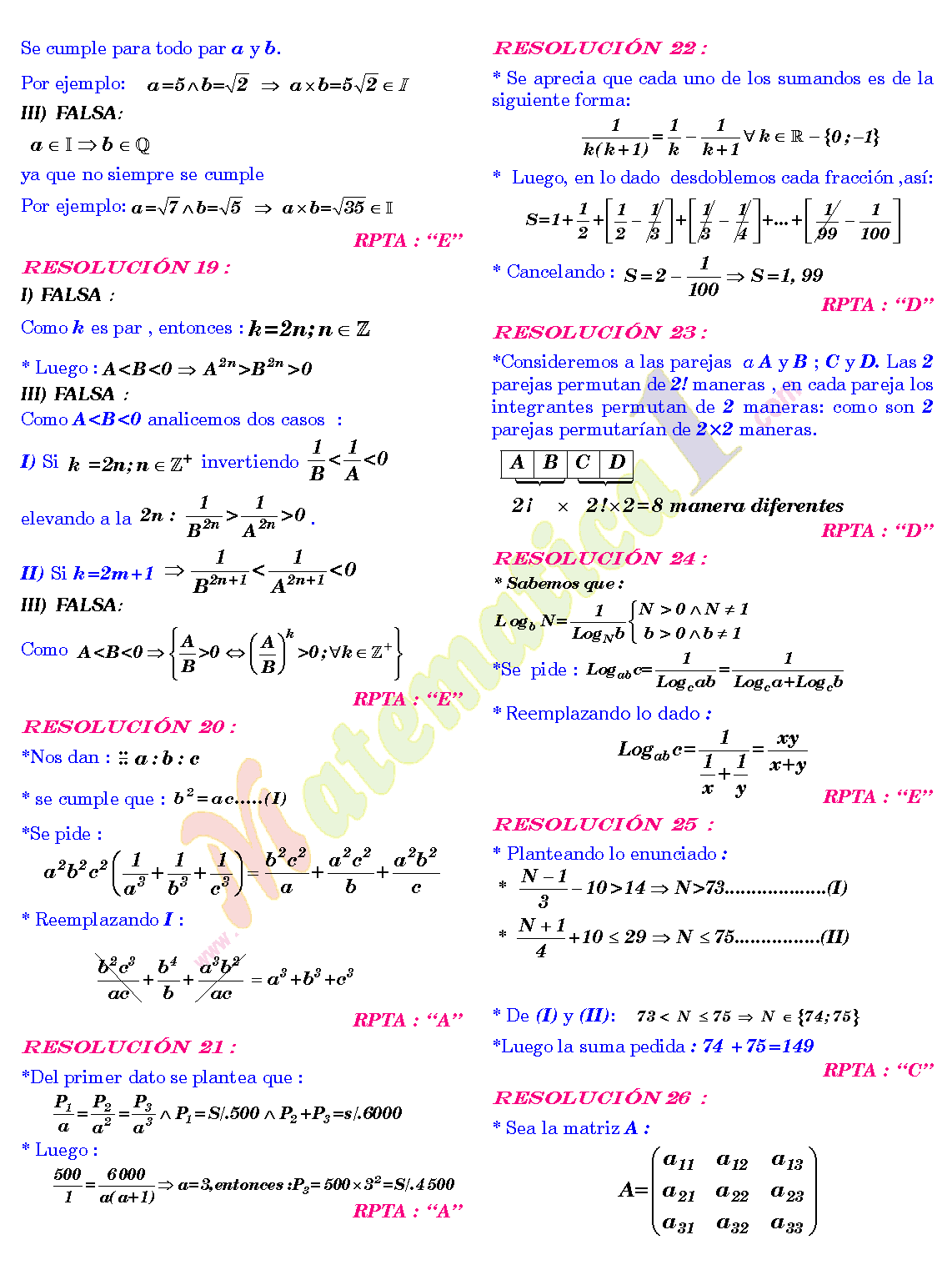 ÁLGEBRA PROBLEMAS RESUELTOS TIPO EXAMEN DE ADMISION UNI