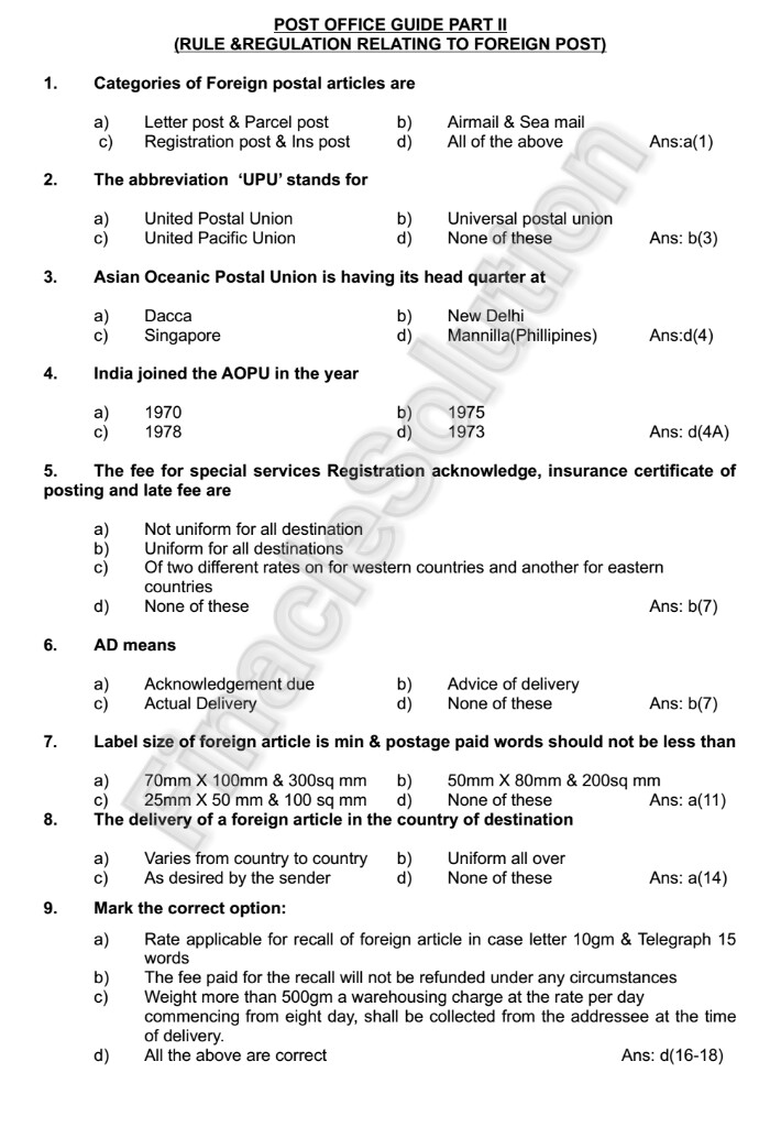 MCQ from PO Guide Part II - Foreign Post