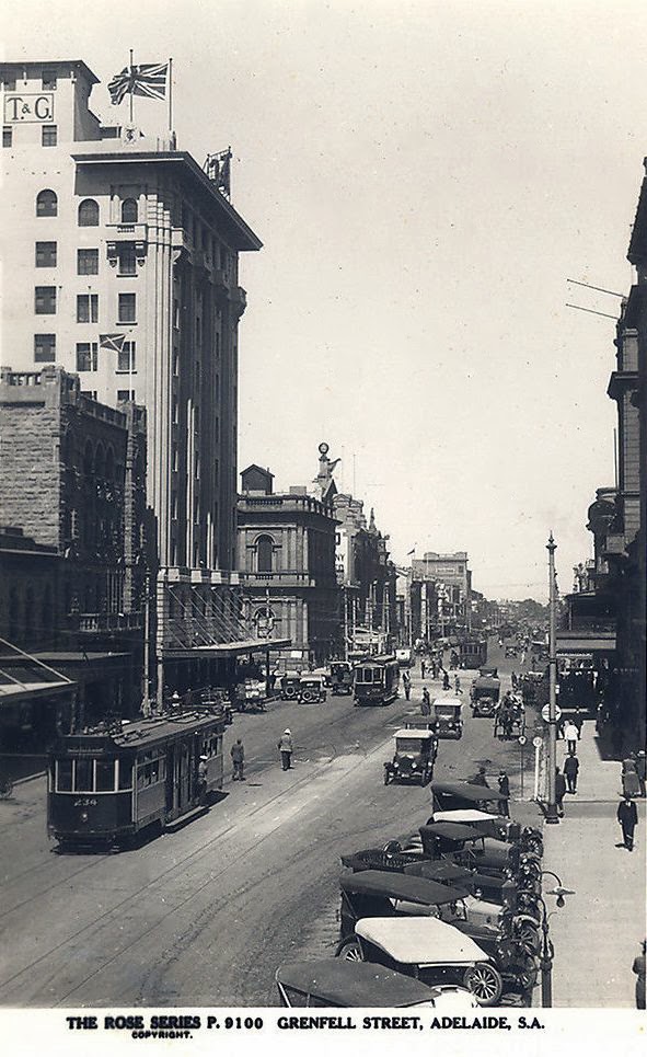 transpress nz: trams in Grenfell Street, Adelaide, Australia, circa 1930