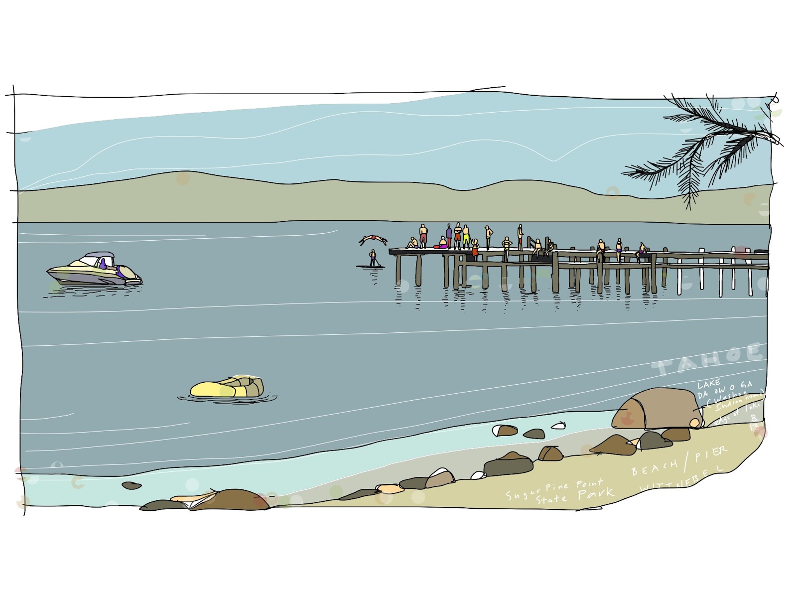 drawing (on) the world: Lake Tahoe, Da Ow A Ga, dock and swimmers ...