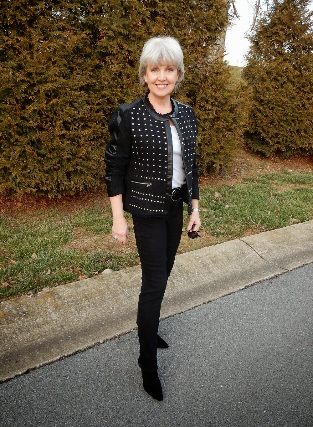 Fifty, not Frumpy: Studded Tweed and Faux-Leather Jacket