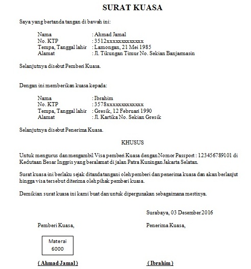 Contoh Surat Kuasa Pengambilan Visa | Cara Buat Surat Contoh Surat Kuasa Pengambilan Visa | Cara Buat Surat