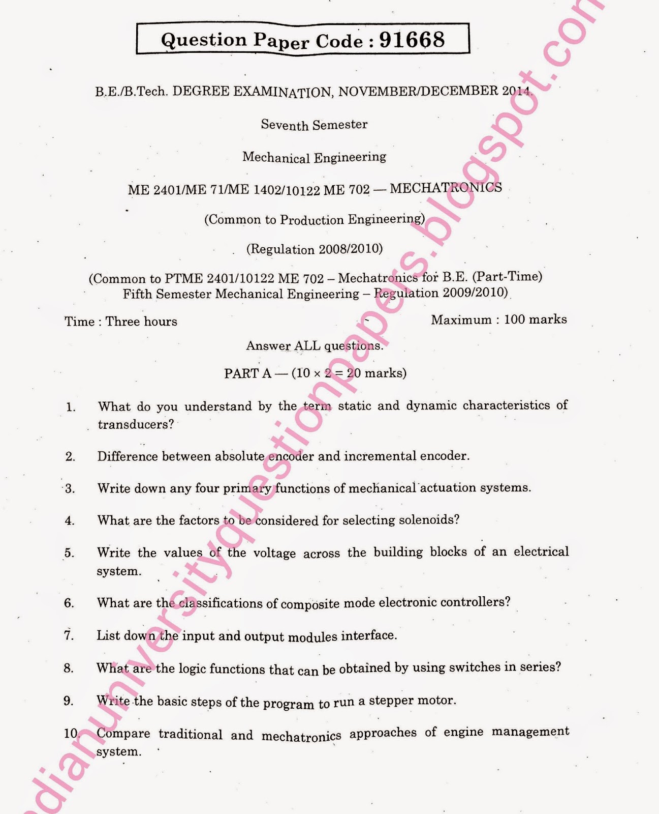 Anna University ME 2401, ME 71, ME 1402 ME 702 - Mechatronics B.E ...