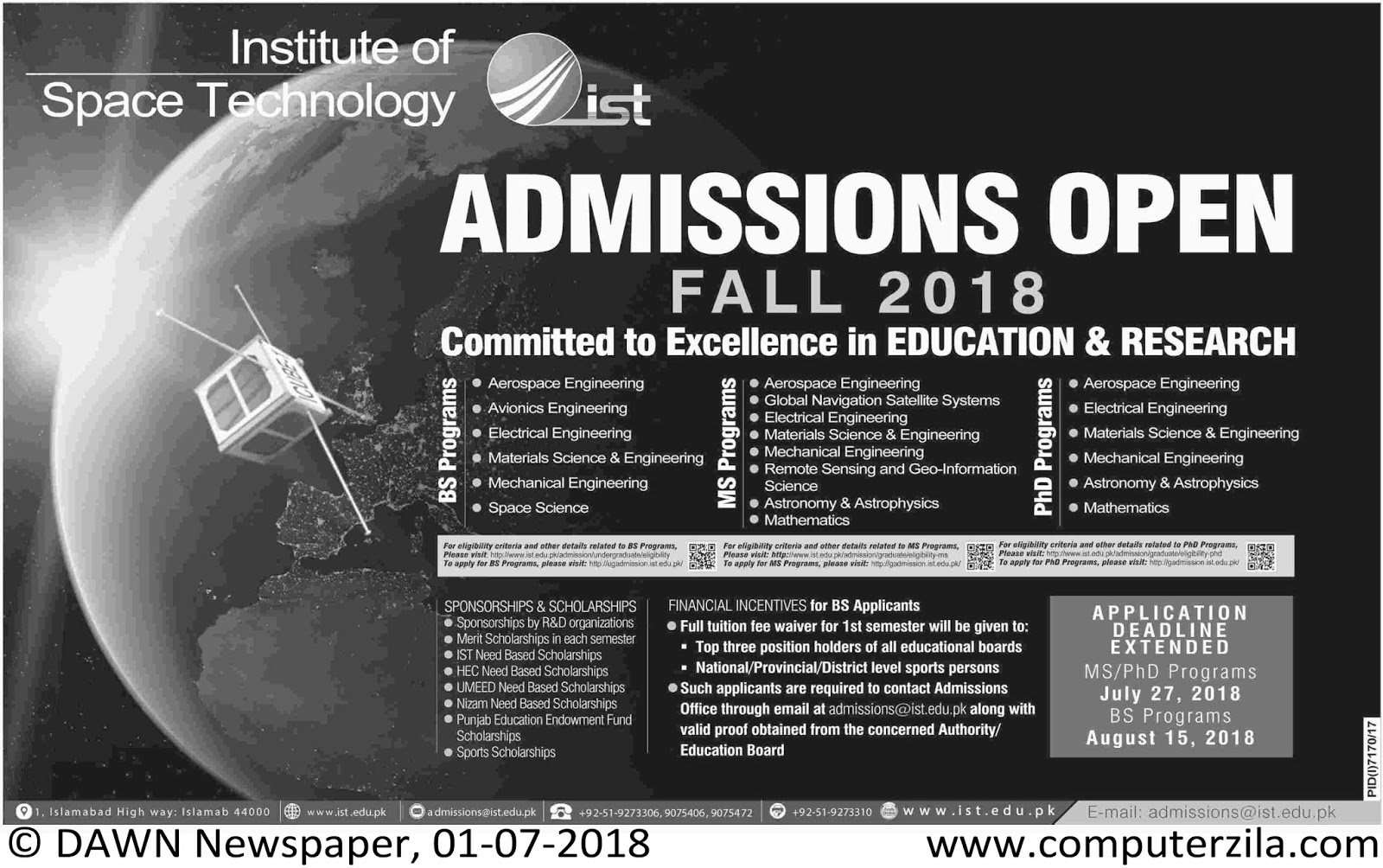 Institute of Space Technology (IST) Admissions Fall 2018 Islamabad ...