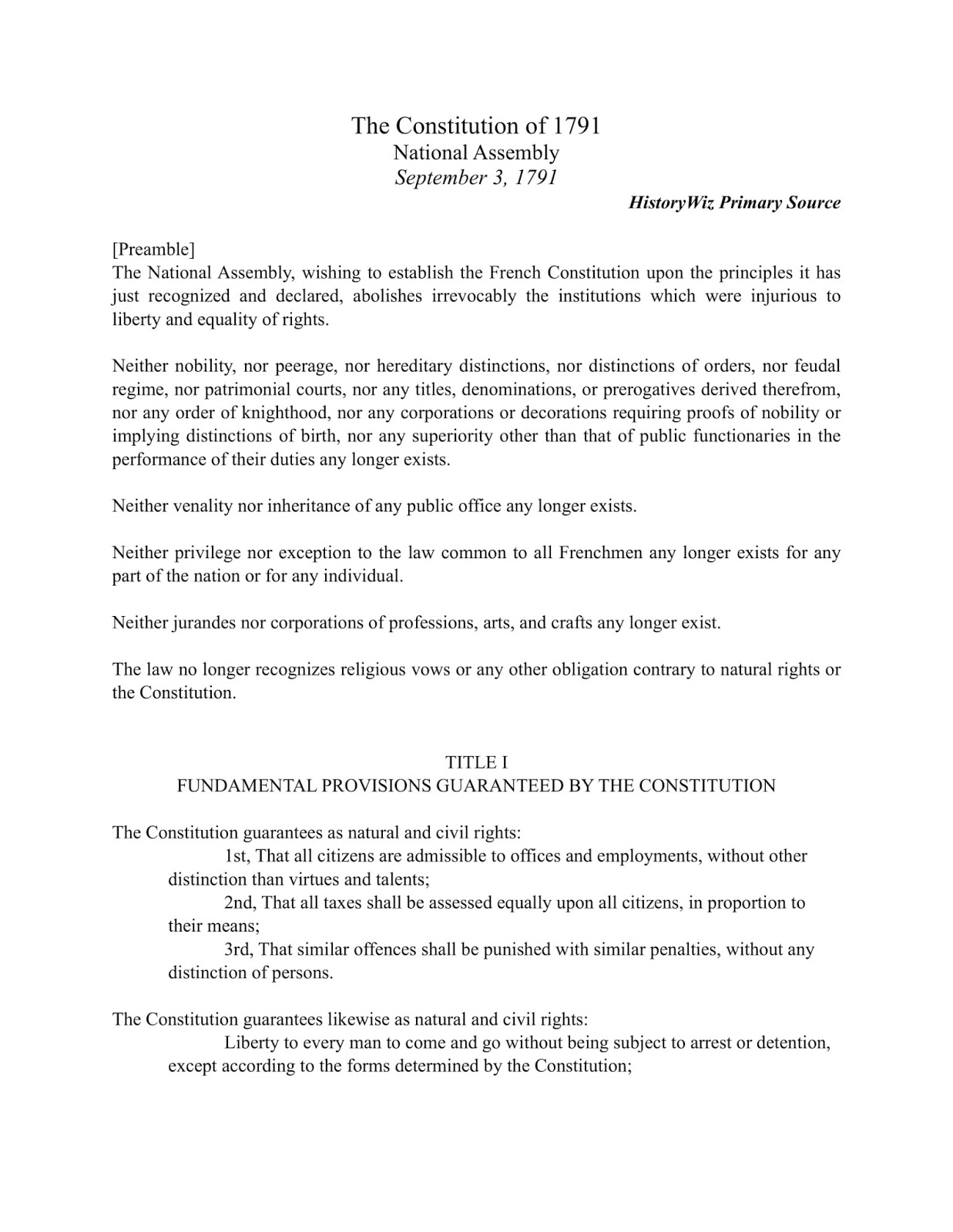 KNOWLEDGE FOR ALL: The Constitution of 1791 National Assembly September ...