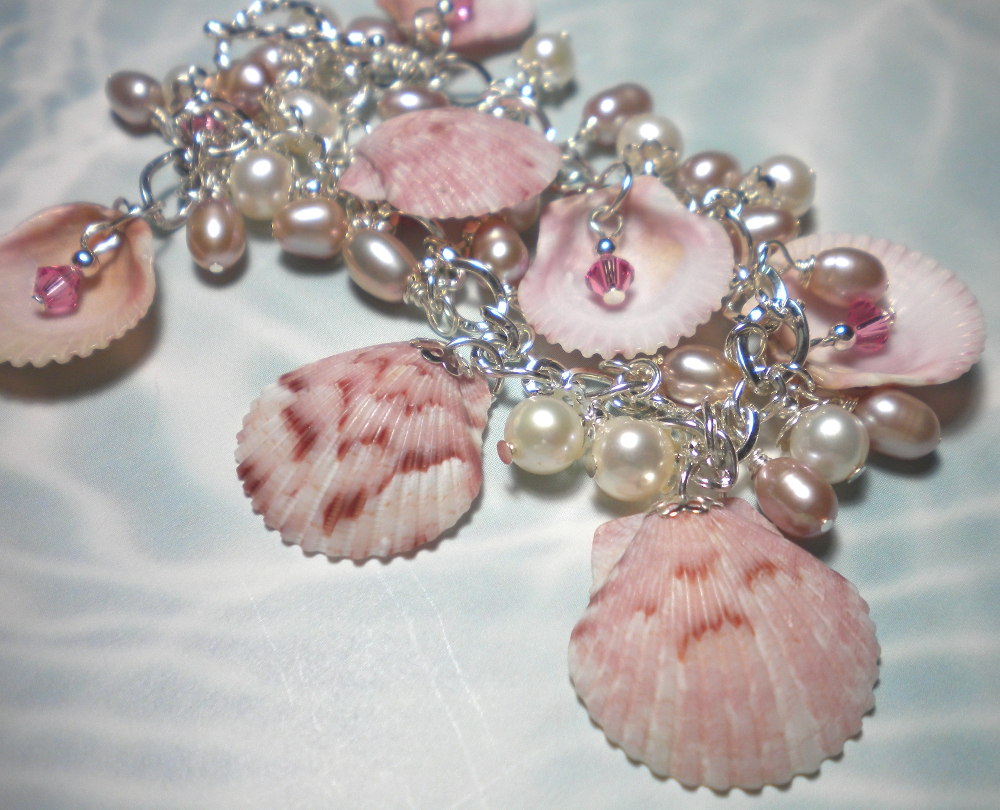 Del's Shells: Pink Seashell Charm Bracelet with Blush Pink and White ...