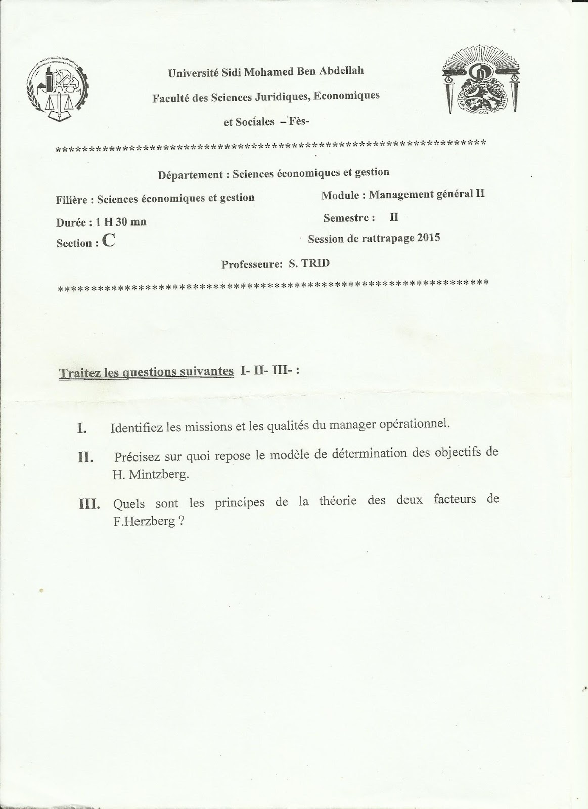 Examens de management II :Section F Mme Trid |Fsjes Fes