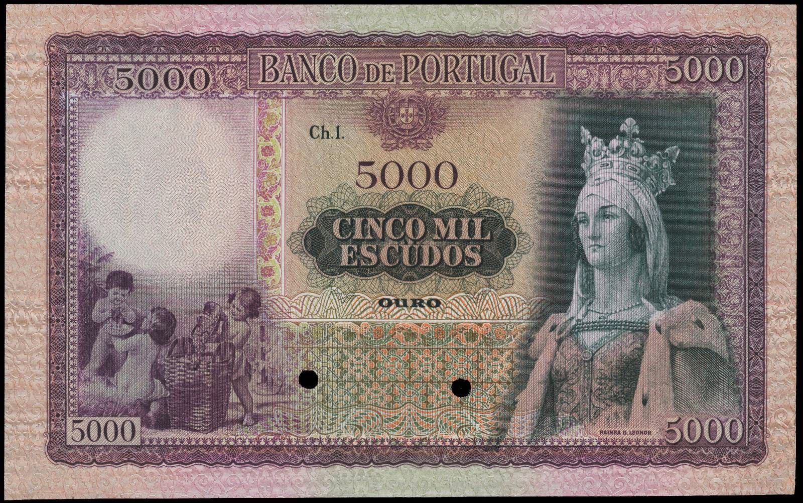 Portugal 5000 Escudos banknote 1942 Queen Leonor of Viseu|World ...